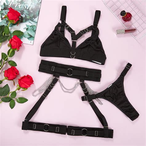 Gothic Sexy Bondage Lingerie Set With Garters