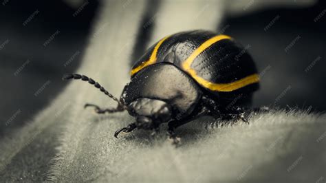 Premium Photo Details Of A Black Beetle With Yellow Lines On A