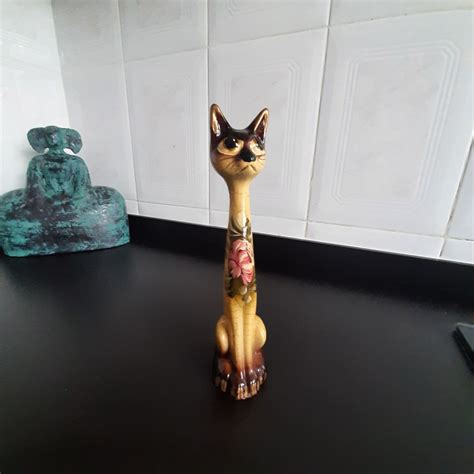 Vintage Ceramic Cat Figurine Long Neck 70s Spanish Decor Etsy