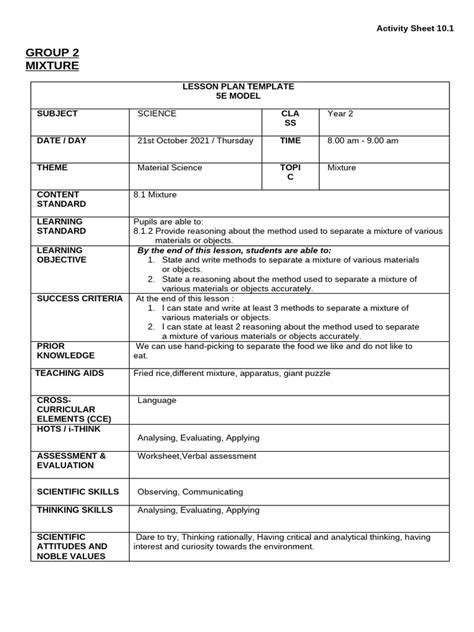 Group 2 5 Activity Sheet 10 1 Lesson Plan Template 5e Model 1 Pdf Lesson Plan Science