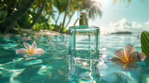 Rectangular Perfume Bottle In Clear Blue Water Highlighted By Sunlight