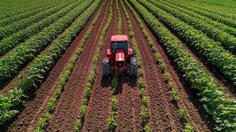 Red Tractor Cultivating Field With Intercropping Rows Modern Sustainable Agriculture Stock