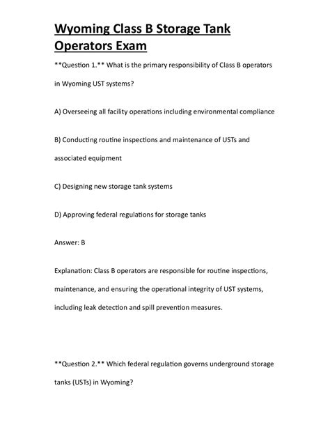 Wyoming Class B Storage Tank Operators Exam Exams Technology Docsity