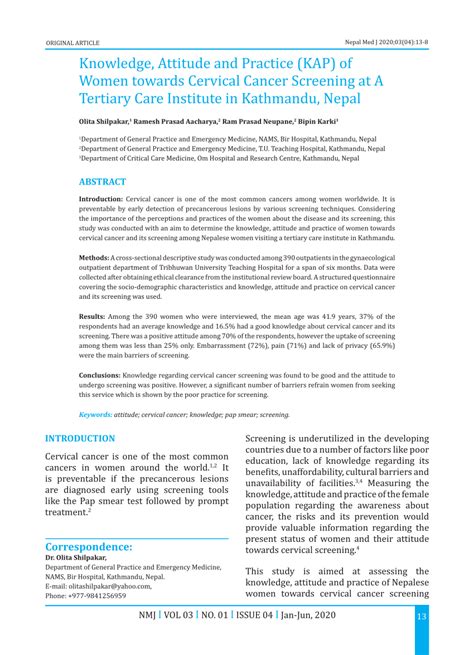 Pdf Knowledge Attitude And Practice Kap Of Women Towards Cervical