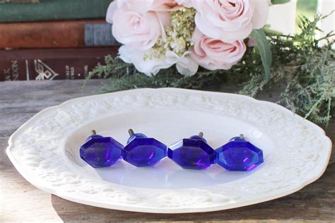 Set Of 4 Vintage Cobalt Blue Glass Knobs Drawer Pulls Hardware Diy Projects Octagon Shape Etsy