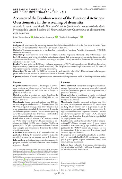 Pdf Accuracy Of The Brazilian Version Of The Functional Activities