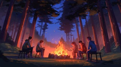 Premium Photo There Are Four People Sitting Around A Campfire In The