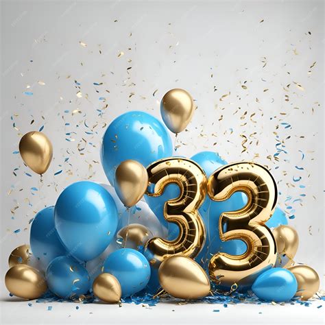 Premium Photo Number 33 Gold And Blue Birthday Balloons Confetti And
