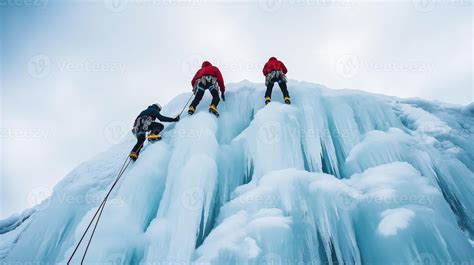 Ice Climbing Expedition On A Frozen Waterfall Climbers In Action Sharp