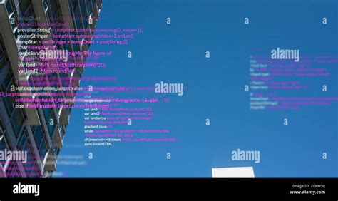 Image Of Data Processing Over Tall Buildings Against Blue Sky Stock