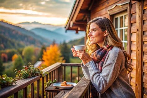 Woman Drinking Tea On Cozy Balcony Of A Country House Premium Ai
