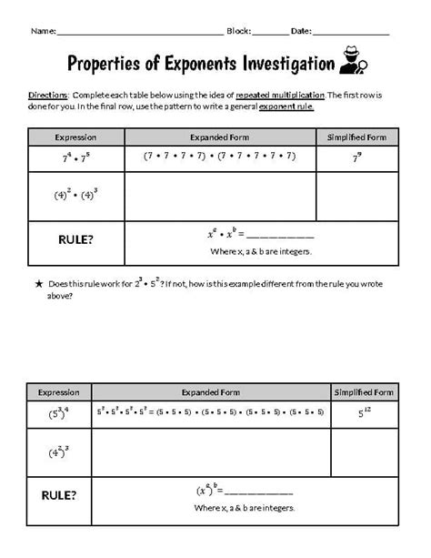 Exponent Properties Investigation Notes Practice Challenge For Alg1alg2