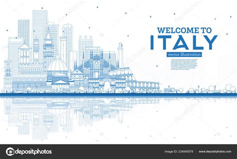 Outline Welcome Italy City Skyline Blue Buildings Reflections Famous