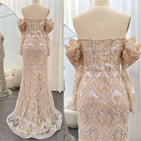 Off Shoulder Pearl Embellished Bridal Evening Gown Evening Dresses