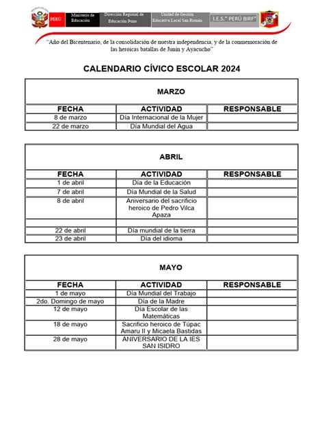 Calendario Cívico Escolar 2024 Pdf Perú América Del Sur