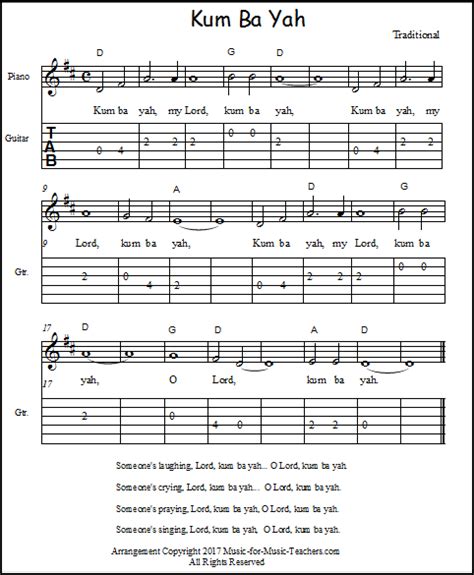Kum Ba Yah Sheet Music For Piano Guitar And Lead Instruments