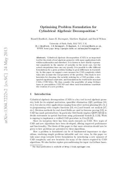 Pdf Optimising Problem Formulations For Cylindrical Algebraic