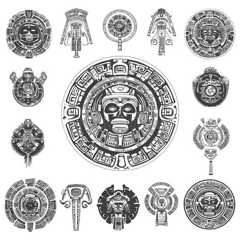 Colección De Máscaras De Dios Aztecas De Estilo Maya Y Símbolos Del