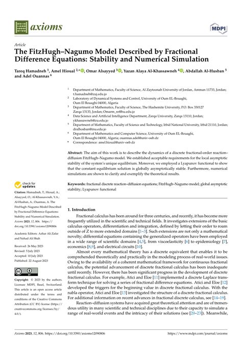 Pdf The Fitzhughnagumo Model Described By Fractional Difference