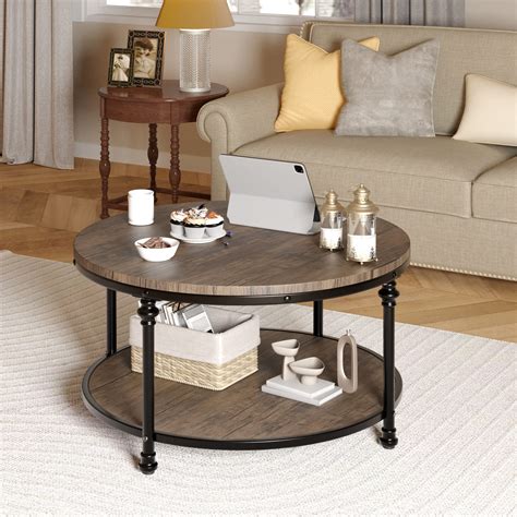 Round Coffee Table For Living Room Rustic Center Table With Storage Shelf Wood Circle Coffee