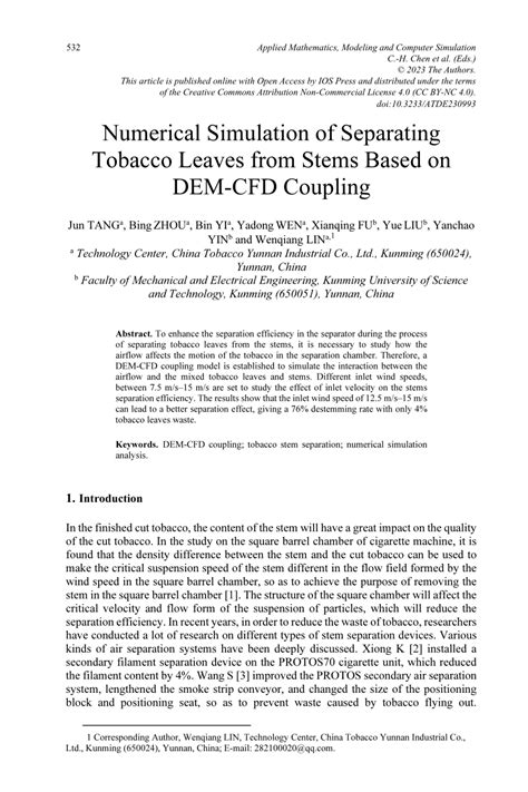 Pdf Numerical Simulation Of Separating Tobacco Leaves From Stems Based On Dem Cfd Coupling