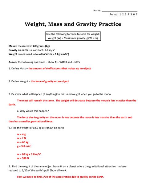 Weight Mass Worksheet Physical Science