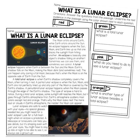 Lunar Eclipse Reading Passage And Questions Lucky Little Learners
