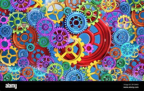 multi colored gears in motion inside lightbulb 3d illustration stock