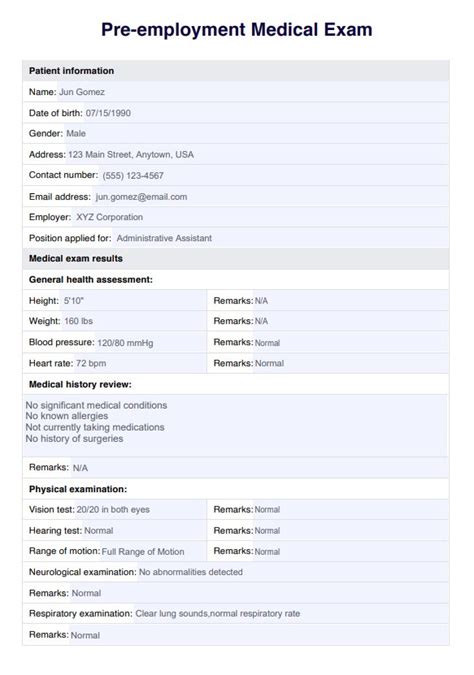 Pre-employment Medical Exam & Example | Free PDF Download