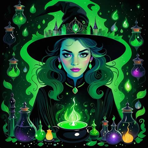 Mysterious Woman In Witch Hat With Glowing Potions