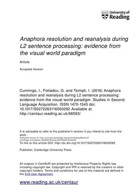 Pdf Anaphora Resolution And Reanalysis During L2 Sentence Processing