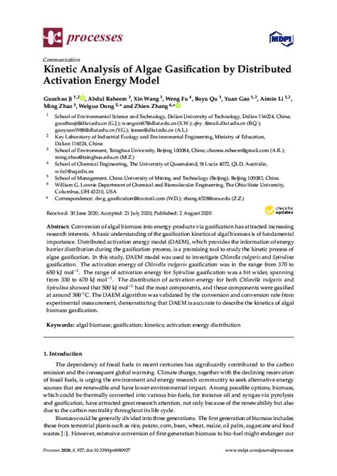 Pdf Kinetic Analysis Of Algae Gasification By Distributed Activation Energy Model