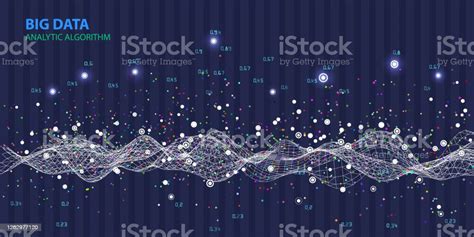 Big Data Abstract Infographics With Wavy Grid Algorithm Data On Blue