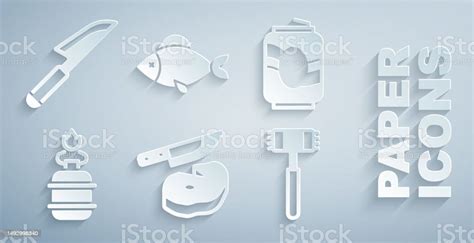 스테이크 고기와 칼 소다 캔 캠핑 가스 렌지 주방 망치 물고기와 칼 아이콘을 설정합니다 벡터 3차원 형태에 대한 스톡 벡터 아트 및 기타 이미지 Istock