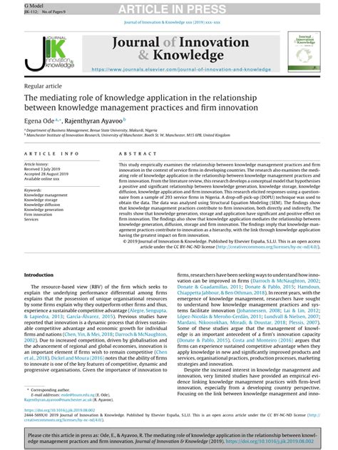 Pdf The Mediating Role Of Knowledge Application In The Relationship Between Knowledge
