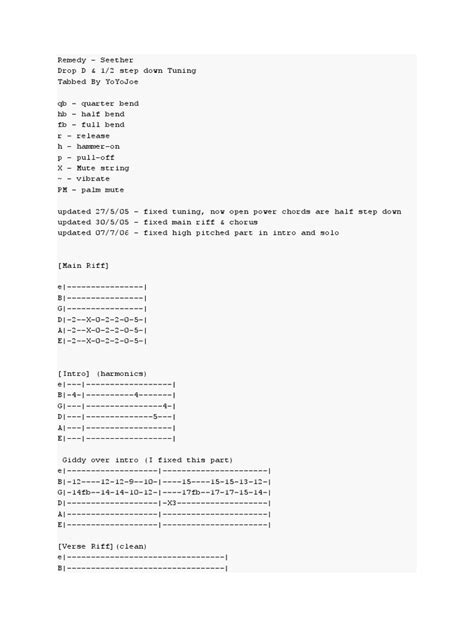 Seether Guitar Tab Tab For The Song Remedy By Seether Including Main Riff Intro Verse