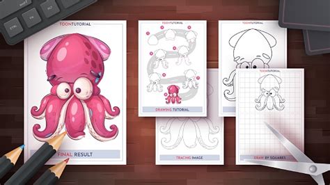 오징어를 그리는 방법 단계별 그리기 자습서 그리기 가이드 간단한 지침 색칠 공부 페이지 어린이와 성인을 위한 워크시트 0명에