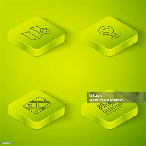 하트 도시 지도 내비게이션 선박 라인 경로 및 접힌 위치 마커 아이콘으로 아이소메트릭 라인 위치를 설정합니다 벡터 3차원 형태에 대한 스톡 벡터 아트 및 기타 이미지