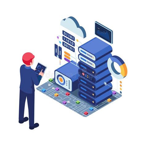 Isometric Engineer Monitoring Big Data Center Stock Vector
