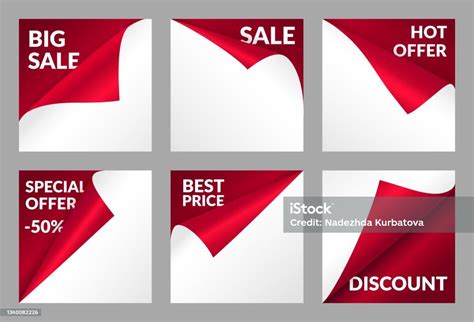 코너 컬 판매 레드 할인 스티커 광고 마케팅 라벨 특별 제공 및 가격 벡터 세트와 현실적인 종이 구부러진 전단지 빨강에 대한 스톡 벡터 아트 및 기타 이미지 Istock