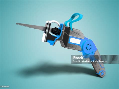 파란색 핸들 블랙의 다른 위치와 배터리에 전기 쇠 톱 삽입 그림자와 파란색 배경에 3d 렌더링 0명에 대한 스톡 사진 및 기타