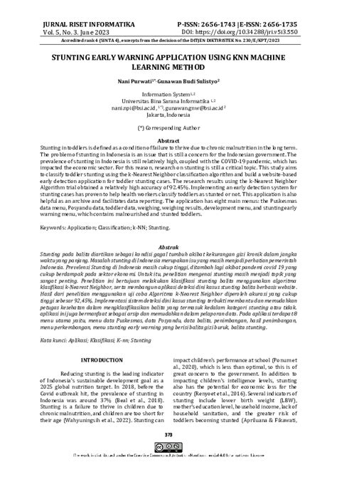 Pdf Stunting Early Warning Application Using Knn Machine Learning Method
