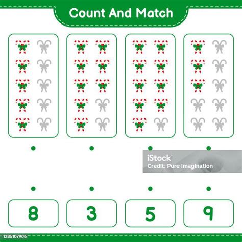 카운트 앤 매치 리본사탕 지팡이 수를 계산하고 올바른 숫자와 일치합니다 교육 어린이 게임 인쇄 워크 시트 벡터 일러스트레이션 0