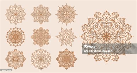 Hand Drawn Set Of Beige Mandala With Floral Elements Beautiful Vintage