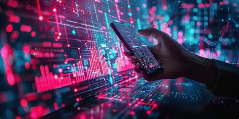 person using cell phone in front of computer screen stock image image