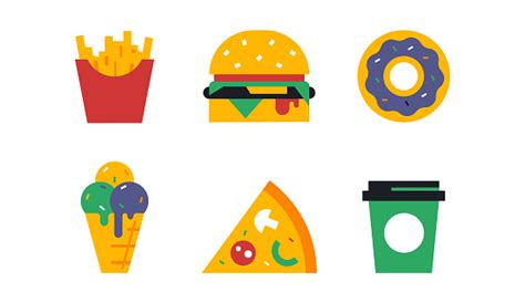 패스트 푸드 세트 감자 튀김 햄버거 도넛 아이스크림 콘 피자 조각 커피 한 잔 정크 푸드 맛있는 식사 흰색 배경에서 격리된 벡터 그림입니다 샌드위치 음식에 대한 스톡 벡터
