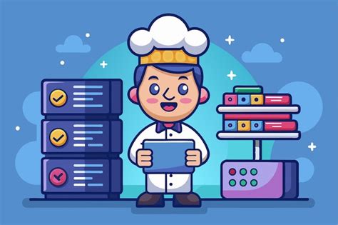 A Cheerful Cartoon Chef Monitors Server Statuses While Standing Next To