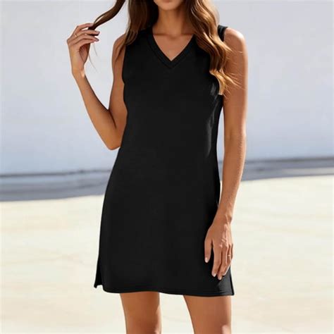 Chbgutlmr Sundresses For Women Sleeveless V Neck Slit Hem Mini Dress