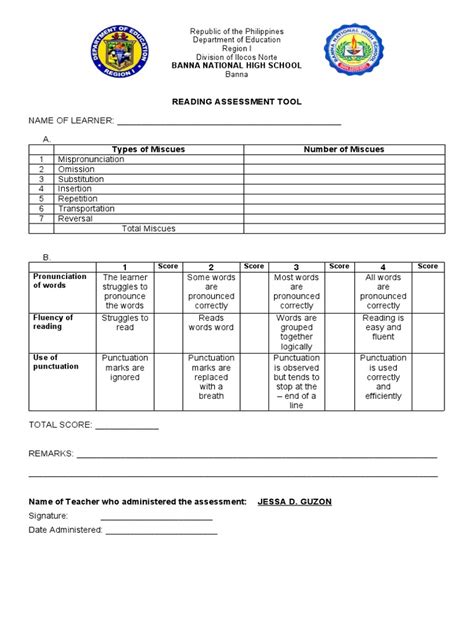Reading Assessment Tool Banna National High School Pdf Fluency