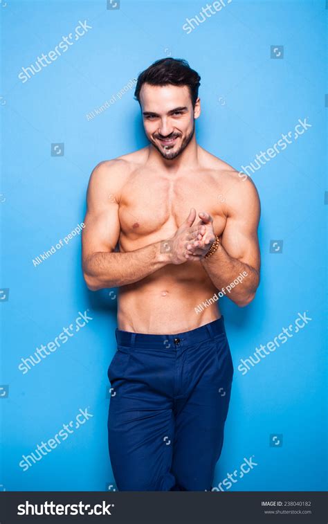 Smiling Handsome Man Shirtless On Blue Stock Photo Shutterstock